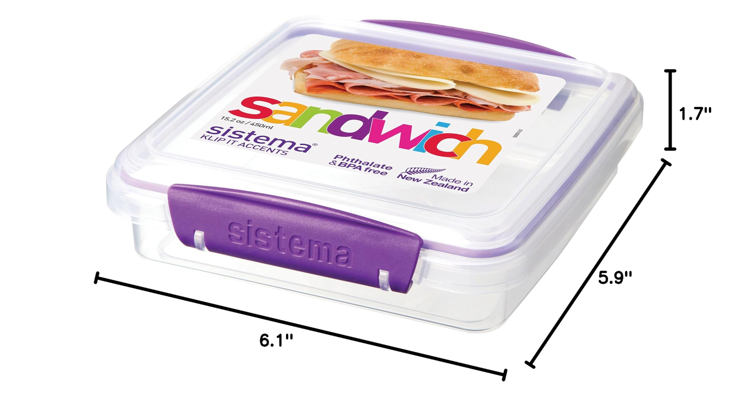 Sistema KLIP IT Accents Collection Sandwich Box Food Storage Container, 15.2 oz./0.5 L, Color Received May Vary