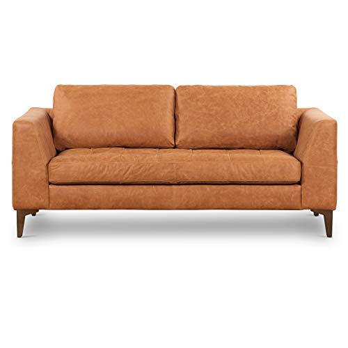 POLY & BARK Calle 75" Apartment Sofa in Full-GrainΒ Pure-Aniline Italian Leather, Cognac Tan/Walnut