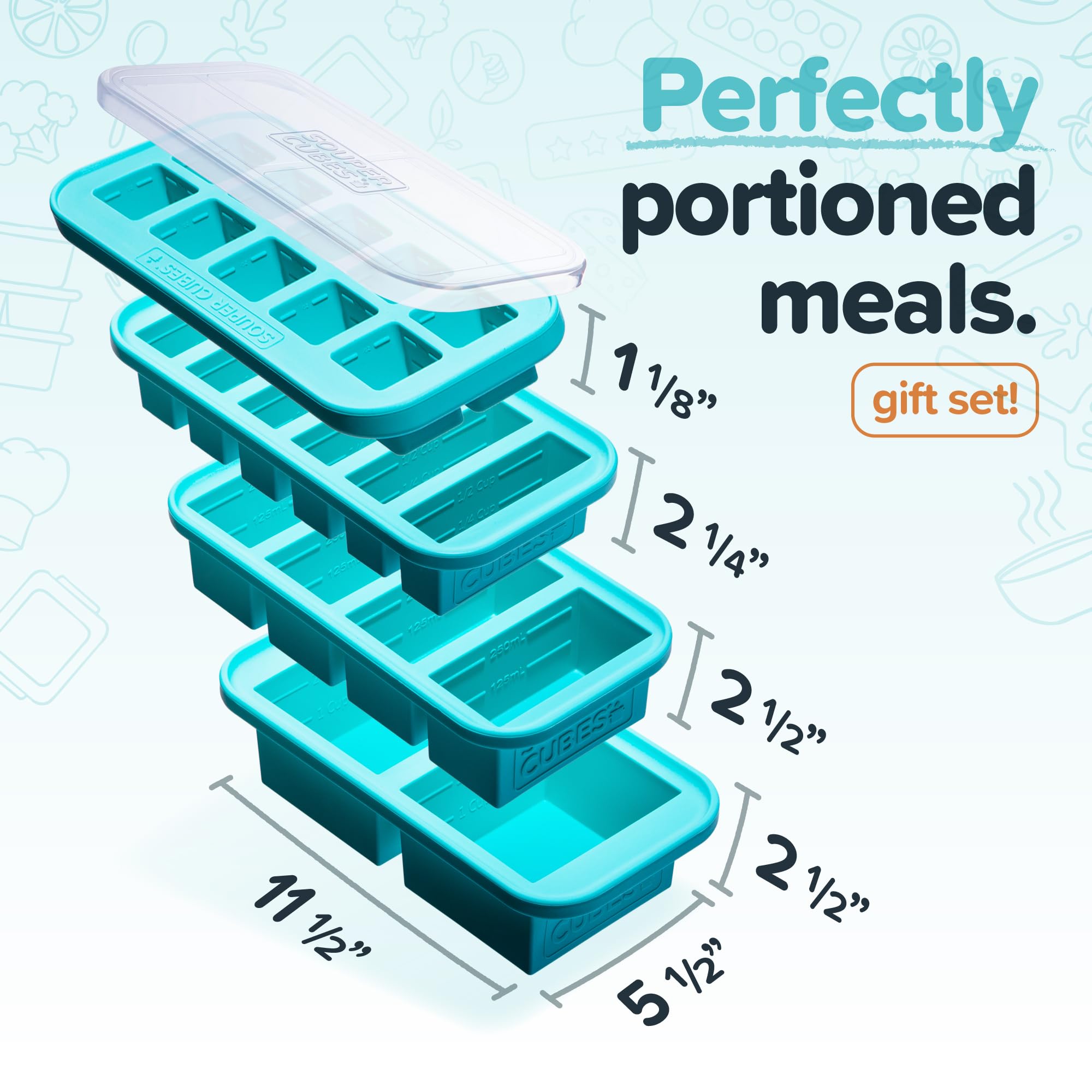 Souper Cubes Gift Set, 1-Cup 2-Cup 1/2 Cup and 2 Tablespoon Trays With Lids, Aqua Color
