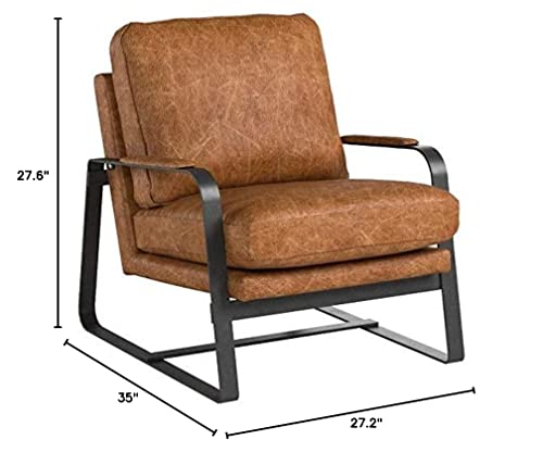 Amazon Brand – Rivet Summit Mid-Century Modern Leather Accent Chair with Steel Arms, 27"W, Cognac Brown