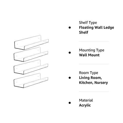 Cq acrylic 15" Invisible Acrylic Floating Wall Ledge Shelf, Wall Mounted Nursery Kids Bookshelf, Invisible Spice Rack, Clear 5MM Thick Bathroom Storage Shelves Display Organizer, 15" L,Set of 4