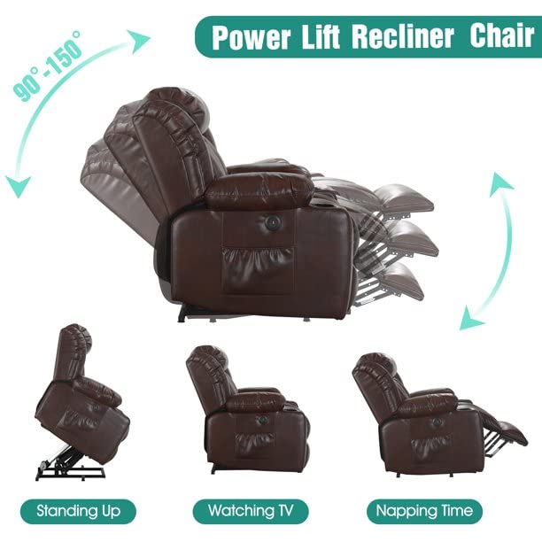 COOSLEEP Large Power Lift Recliner Chair with Massage and Heat for Elderly, Overstuffed Wide Recliners, Breathable Leather with Breathable microporous, USB Ports, 2 Cup Holders (Brown)