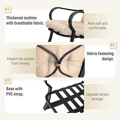 SOLAURA 3-Piece Outdoor Rocking Chairs Bistro Set, Black Iron Patio Furniture with Brown Thickened Cushion & Glass-Top Coffee Table