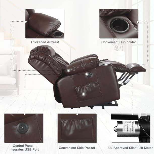 COOSLEEP Large Power Lift Recliner Chair with Massage and Heat for Elderly, Overstuffed Wide Recliners, Breathable Leather with Breathable microporous, USB Ports, 2 Cup Holders (Brown)