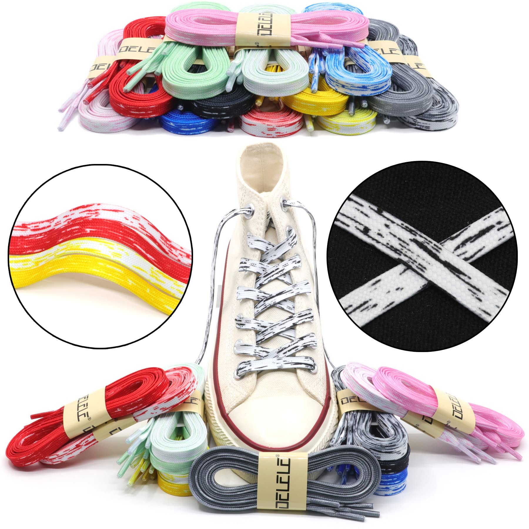 DELELE Flat Graffiti Shoe Laces: White Black Art Print Sneakers Shoelaces 2 Pair 47 inch