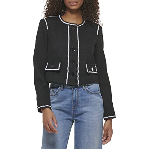 Karl Lagerfeld Paris Women's Tweed Long Sleeve Everyday Fashion Sport Jacket, Black, 4