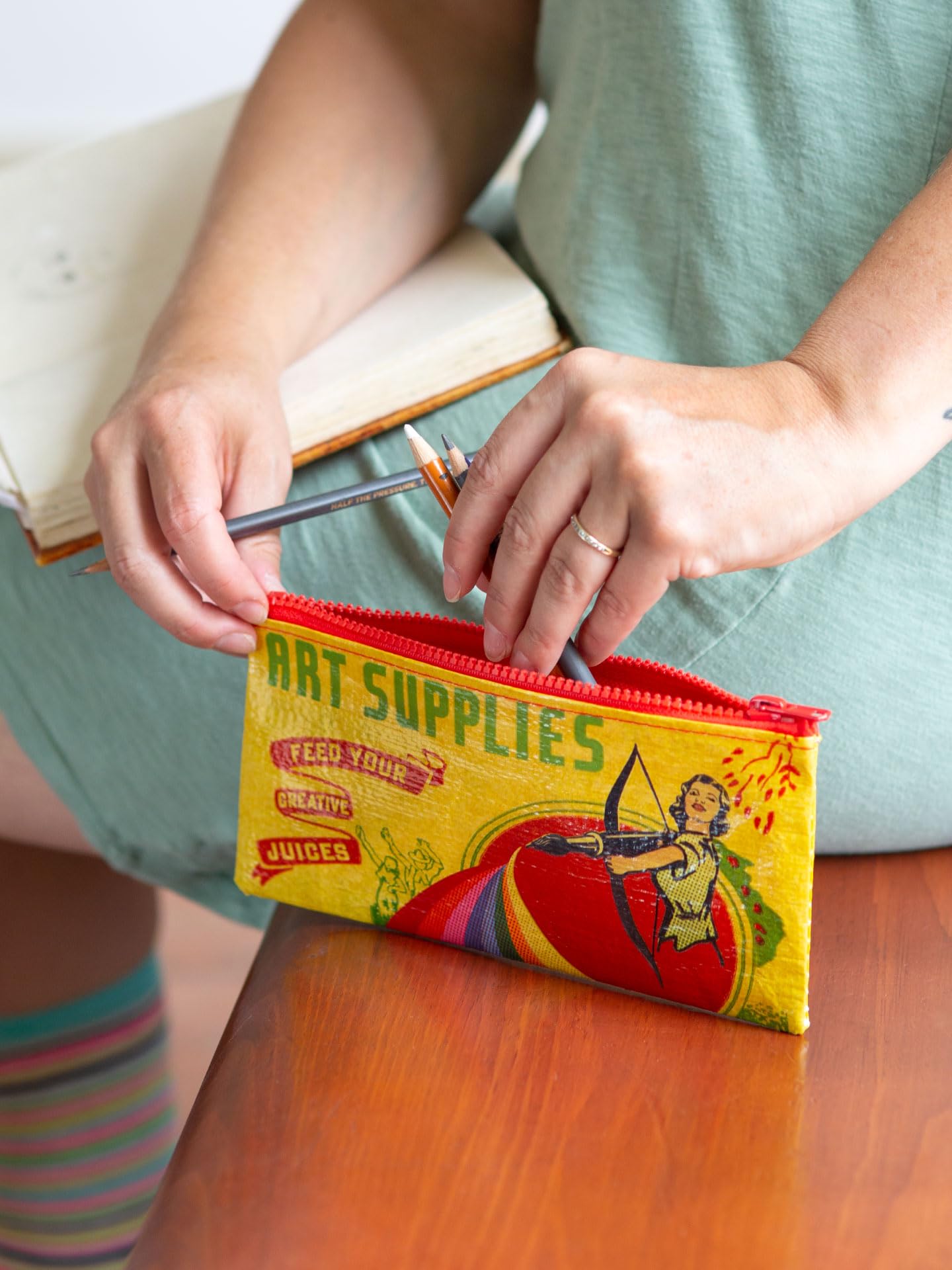 Blue Q Pencil Case, Art Supplies. Hefty Zipper, Sturdy and Easy-to-Rinse-Clean, 95% Recycled Material. Organize a Larger Bag -- Store Makeup, Chargers, Receipts, Pencils. 4.25"h x 8.5"w