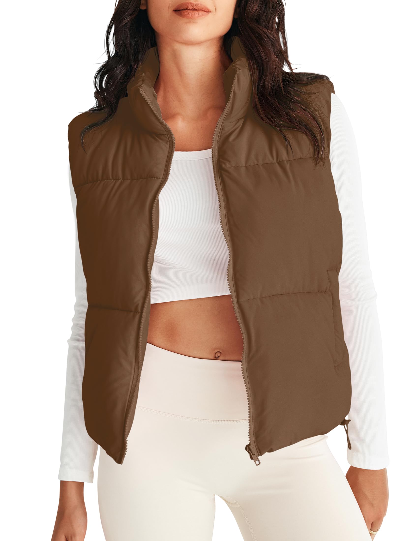 MEROKEETY Cute Sleeveless High Neck Zipper 2025 Fashion Puffy Padded Vest for Teen Girls, Coffee, Medium