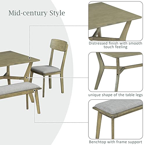 Merax 6-Piece Mid-Century Style Wooden Dining Table Set with 4 Chairs and Padded Bench, Antique Yellow+Gray