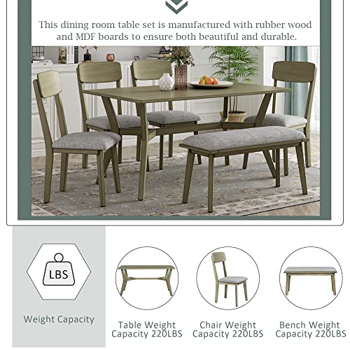 Merax 6-Piece Mid-Century Style Wooden Dining Table Set with 4 Chairs and Padded Bench, Antique Yellow+Gray