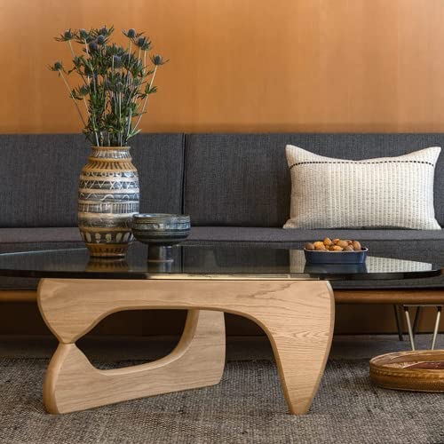 Rimdoc Triangle Glass Coffee Table Modern Noguchi Coffee Table, Vintage Glass, and Wood End Table, Solid Wood Base and Clear Glass Top Accent Coffee Table, for Living Room, Patio(Light Walnut)