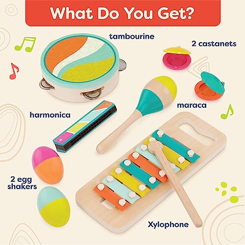 B. toys- Make a Melody- 9pc Wooden Musical Instruments – Xylophone, Tambourine, Harmonica – Drawstring Storage Bag – 2 Years +