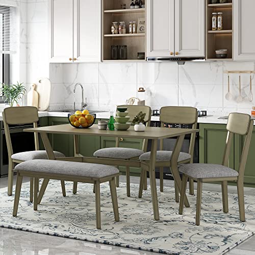Merax 6-Piece Mid-Century Style Wooden Dining Table Set with 4 Chairs and Padded Bench, Antique Yellow+Gray