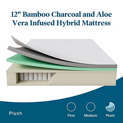 Lucid 12 Inch Hybrid Mattress β Bamboo Charcoal and Aloe Vera Infused- Memory Foam Mattress- Moisture Wicking β Odor Reducing, White/Black, Queen