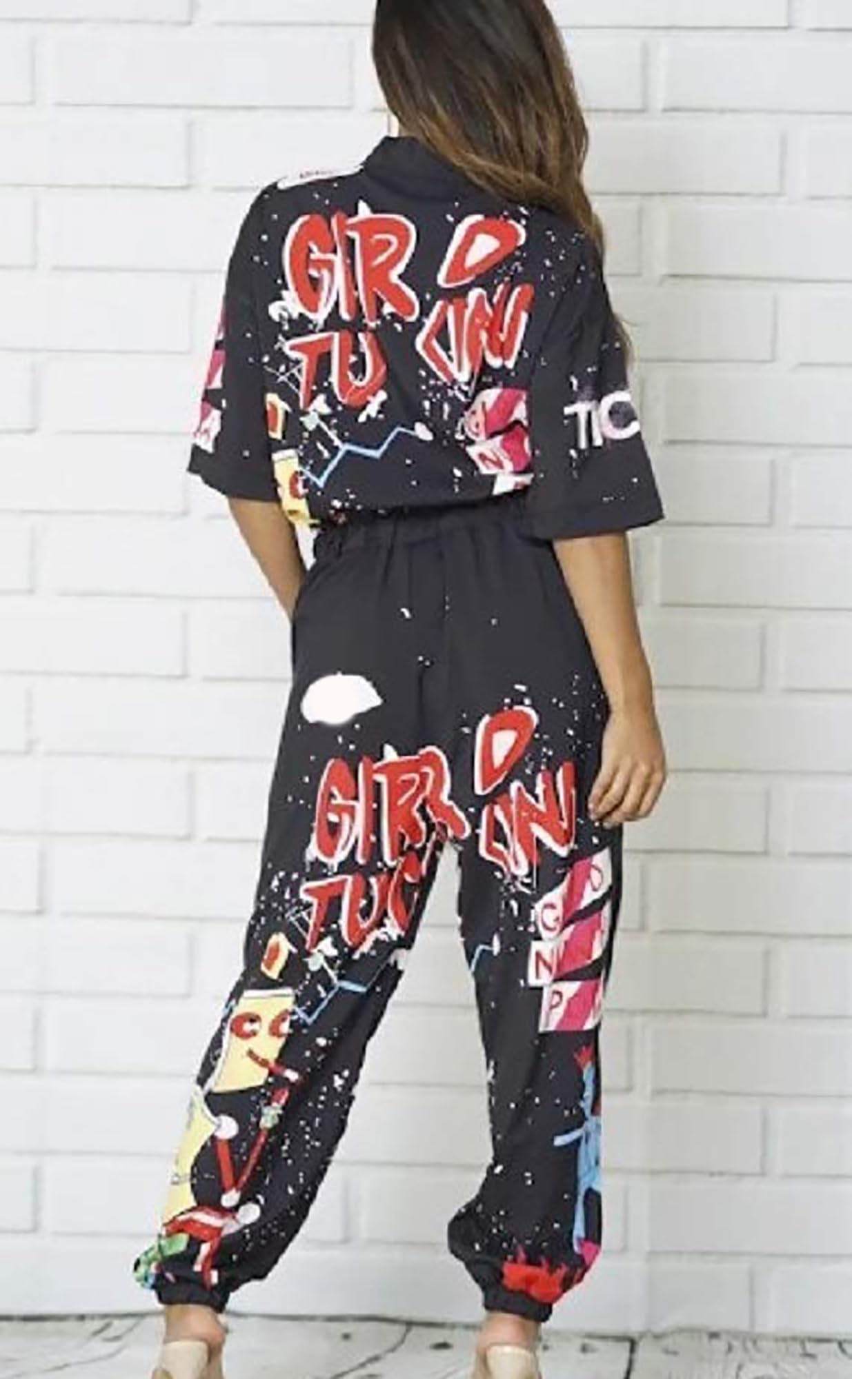LKOUS Women's Casual Cartoon Printing Short Sleeve High Waist One-piece Button PlaySuit JumpSuit Romper, Black, XX-Large