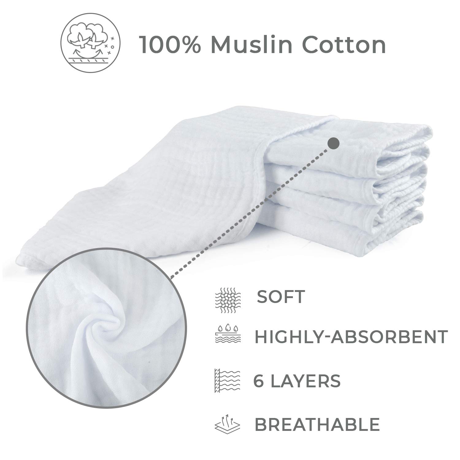 Baby Muslin Burp Cloths 5 Pack by Dodo Babies + 2 Pacifier Clips + Pacifier Case, 100% Cotton Large 20" by 10" Hand Washcloths, 6 Layers Extra Absorbent and Soft, Excellent Baby Shower/Registry Gift