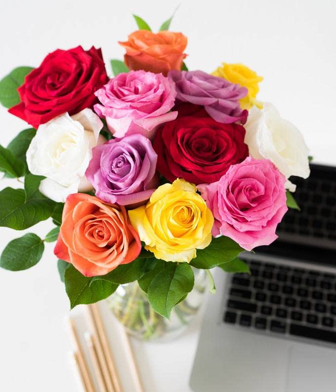 From You Flowers - One Dozen Rainbow Roses with Free Vase (Fresh Flowers)