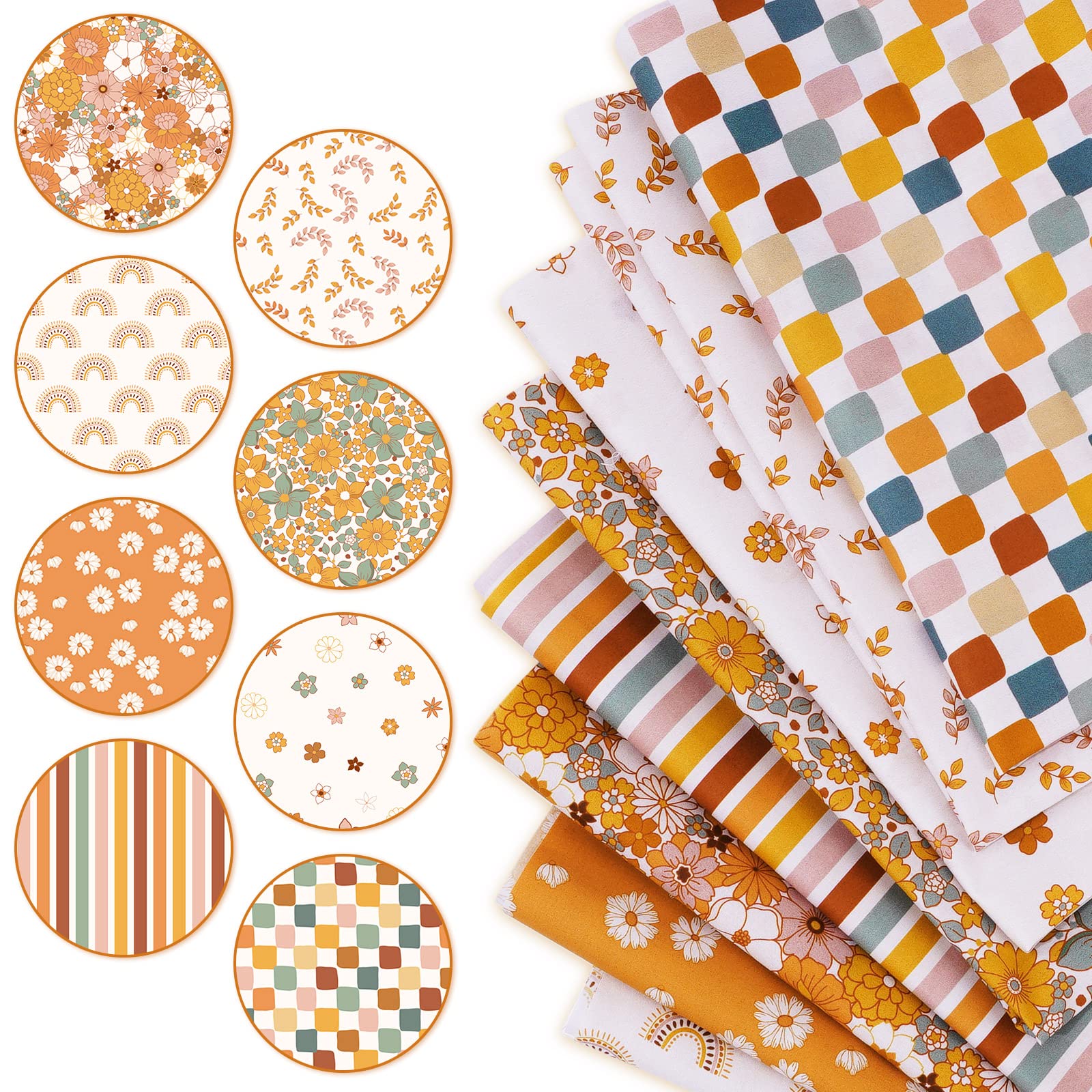 Whaline 8Pcs Boho Cotton Fabric Bundles 18 x 22 Inch Retro Floral Fat Quarters Boho Quilting Patchwork Squares Sewing Fabrics Boho Dress Apron Crafts for DIY Handmade Crafting Home Party Decor