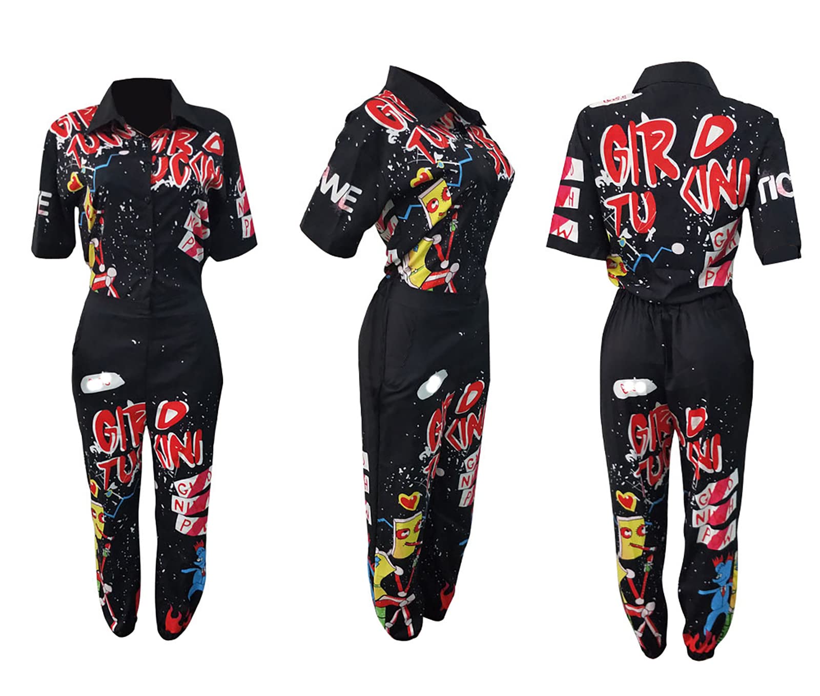 LKOUS Women's Casual Cartoon Printing Short Sleeve High Waist One-piece Button PlaySuit JumpSuit Romper, Black, XX-Large