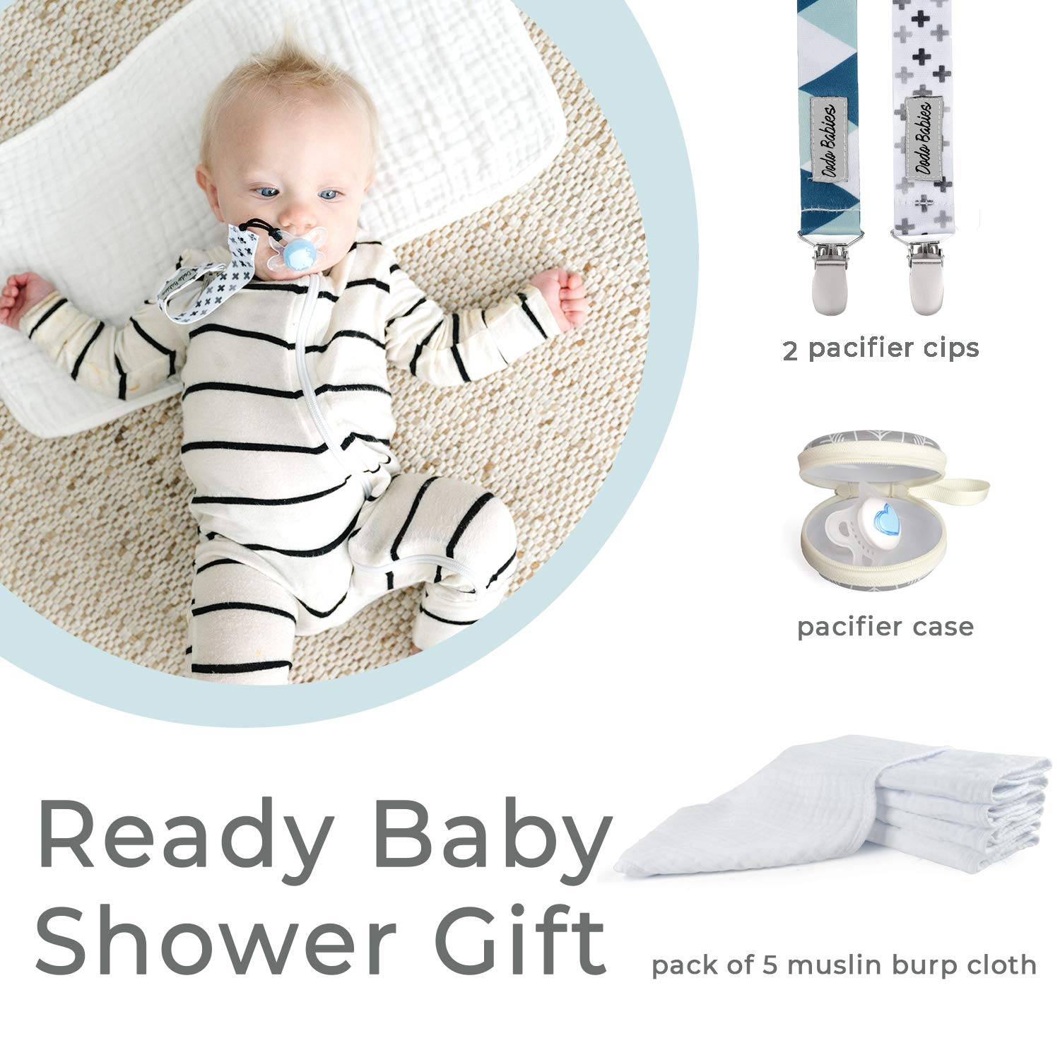 Baby Muslin Burp Cloths 5 Pack by Dodo Babies + 2 Pacifier Clips + Pacifier Case, 100% Cotton Large 20" by 10" Hand Washcloths, 6 Layers Extra Absorbent and Soft, Excellent Baby Shower/Registry Gift