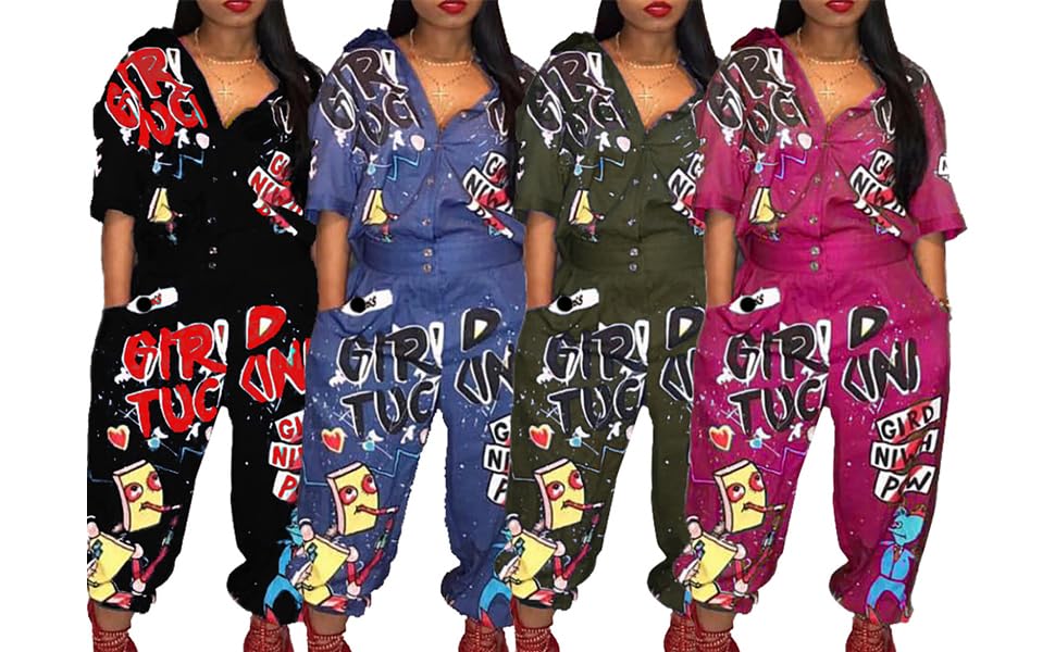 LKOUS Women's Casual Cartoon Printing Short Sleeve High Waist One-piece Button PlaySuit JumpSuit Romper, Black, XX-Large