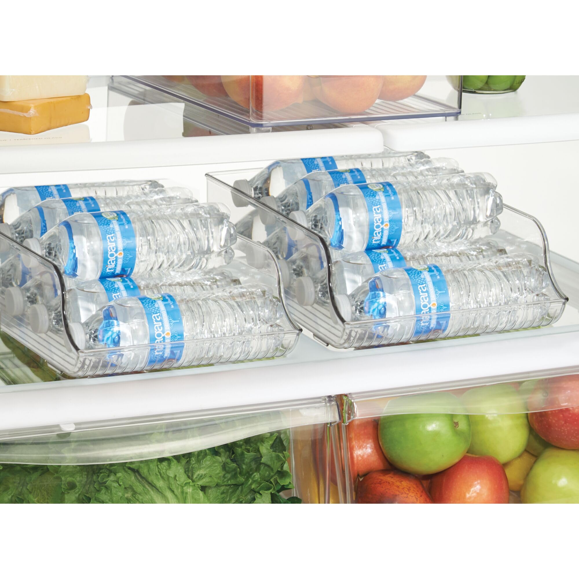 iDesign BPA-Free Plastic Water Bottle and Drink Holder Fridge Organizer Bin for Kitchen, Basement, Garage Fridge – Set of 2, 9" x 13.75" x 4", Clear Plastic