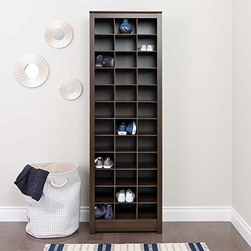 Prepac Space-Saving 36 Pair Shoe Storage Cabinet With Cubbies, 13"D x 23.5"W x 72.5"H, Espresso