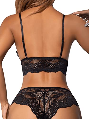 SweatyRocks Women's Floral Lace Crisscross Bralette Spaghetti Strap Padded Bra Top Black L