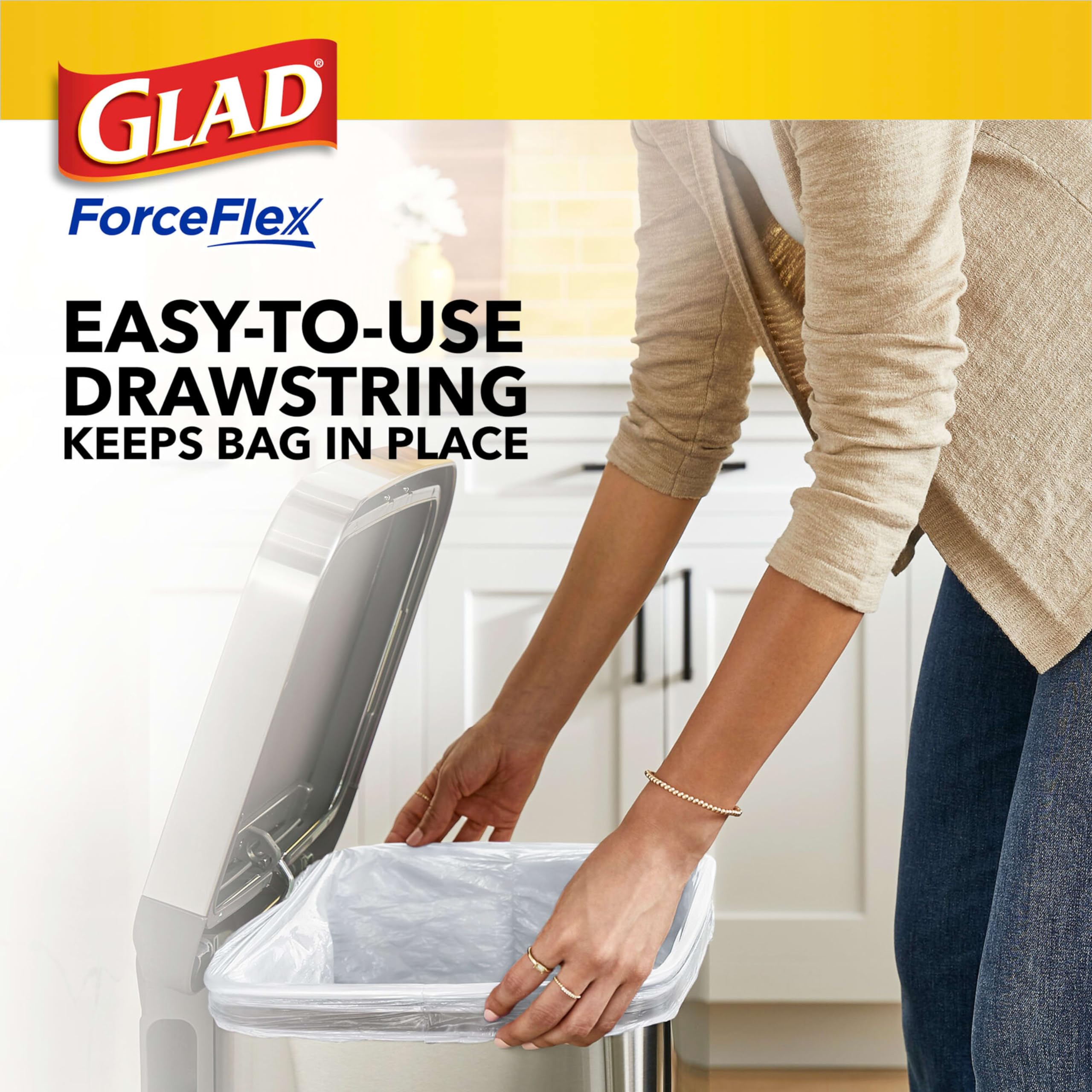 GLAD ForceFlex Tall Drawstring Trash Bags, 13 Gallon White Trash Bags for Tall Kitchen Trash Can, Unscented Leak Protection Bags, 120 Count - Packaging May Vary