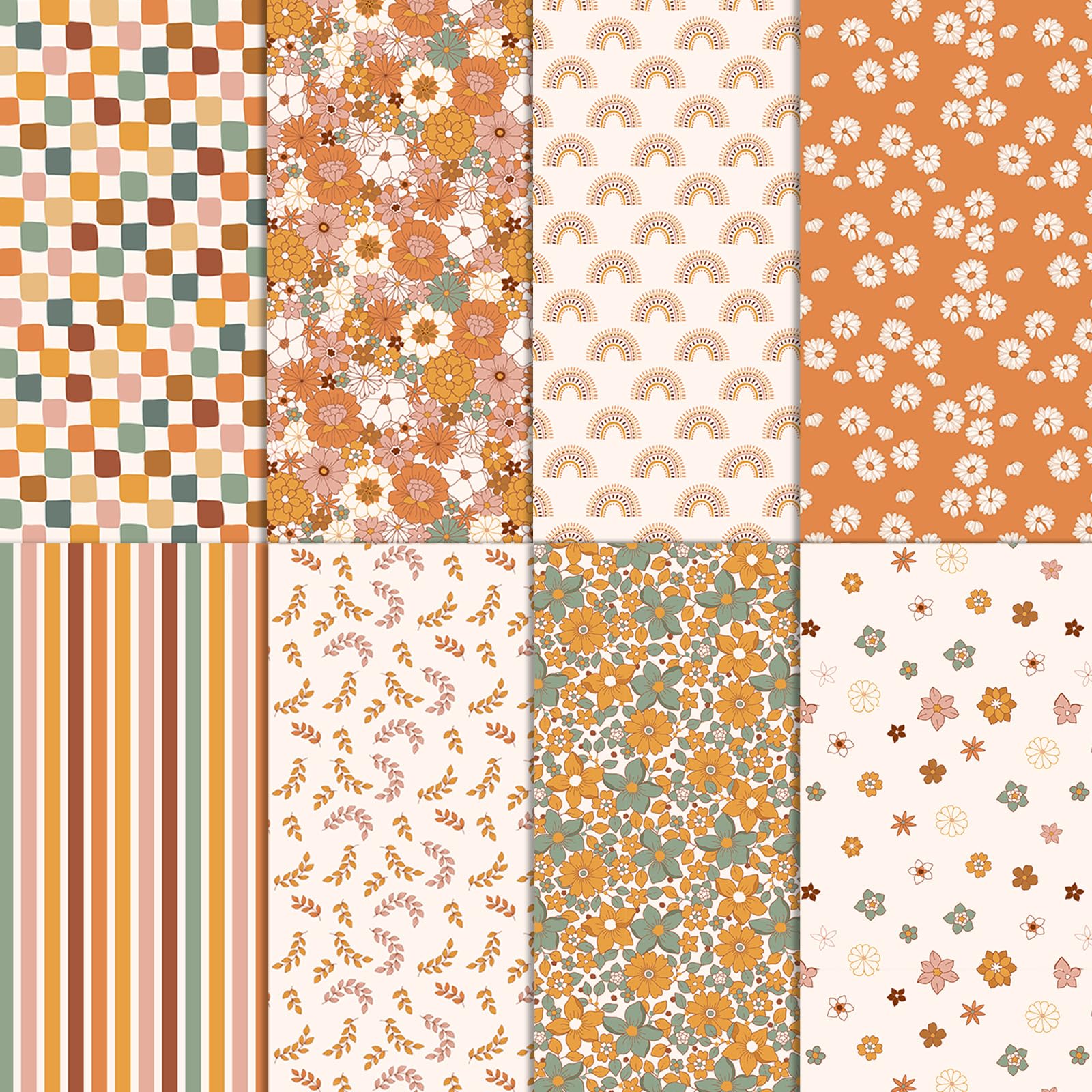 Whaline 8Pcs Boho Cotton Fabric Bundles 18 x 22 Inch Retro Floral Fat Quarters Boho Quilting Patchwork Squares Sewing Fabrics Boho Dress Apron Crafts for DIY Handmade Crafting Home Party Decor
