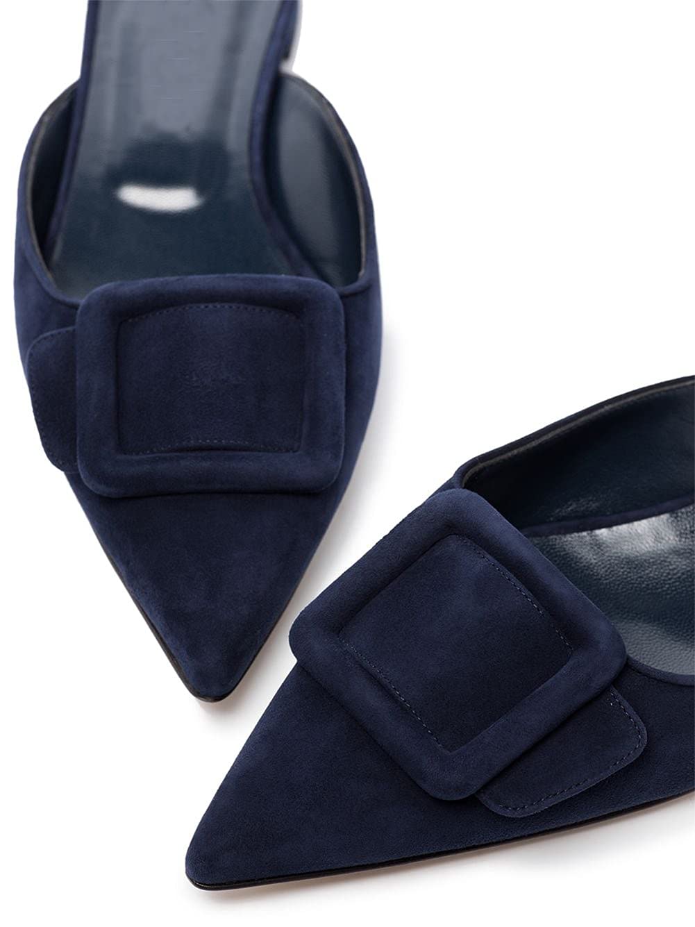 Divanne Mules for Women, Buckle Flat Mules Pointed Toe Backless Mule Slides Suede Slip On Loafers-Navy Blue-Suede-8.5M US