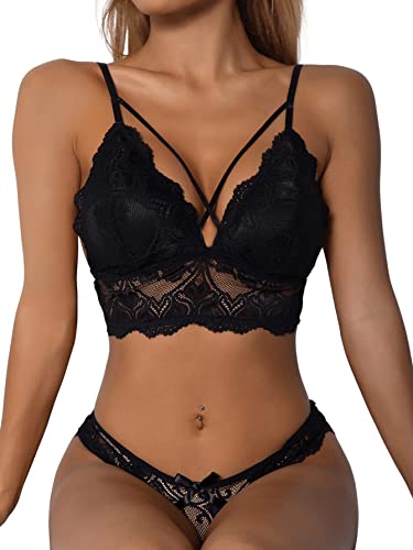 SweatyRocks Women's Floral Lace Crisscross Bralette Spaghetti Strap Padded Bra Top Black L