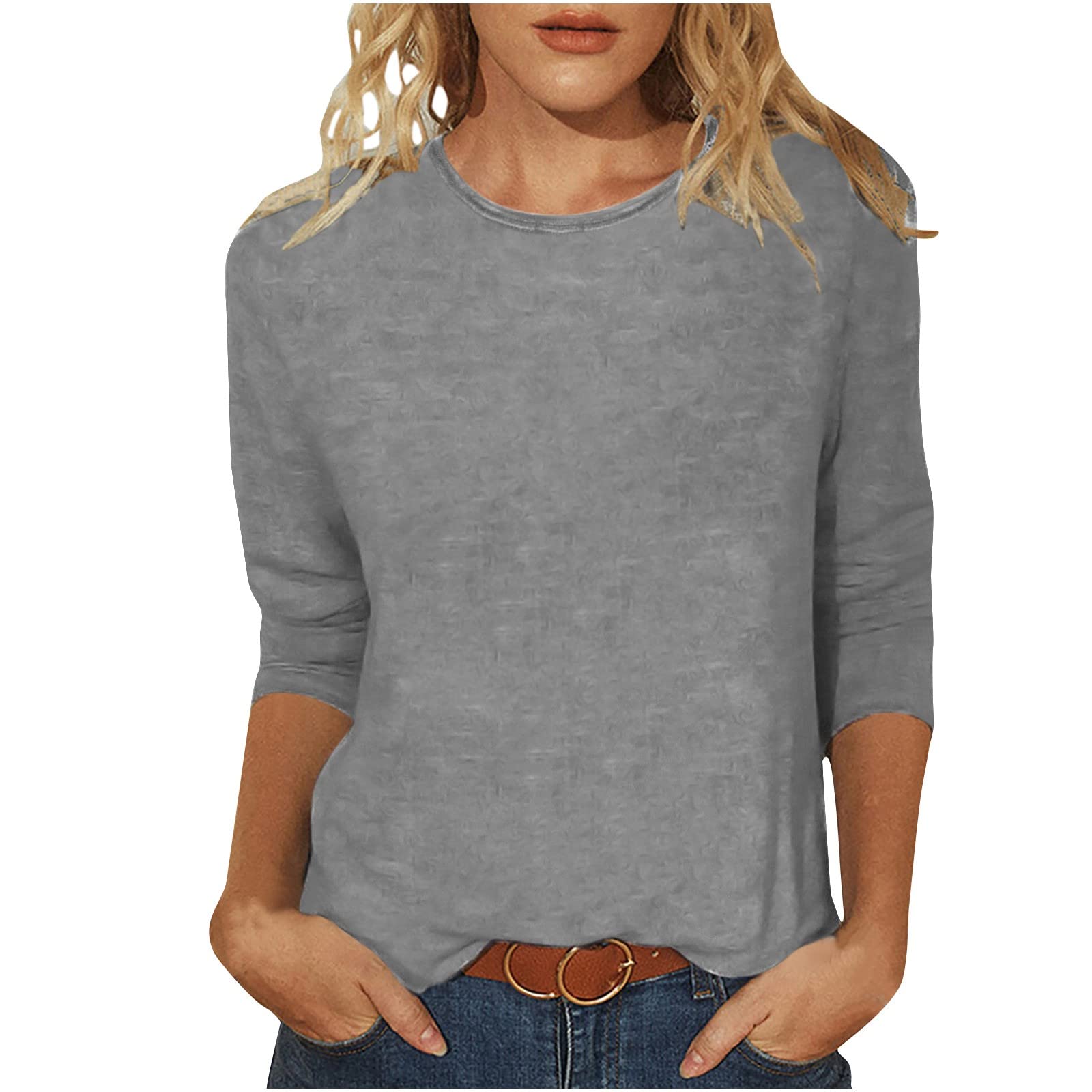 Womens Summer Tops Women 3/4 Length Sleeve Comfy Tops Blouse Simple Solid Color Shirts Blouses Trendy Loose Fit Casual Tshirts Gray M