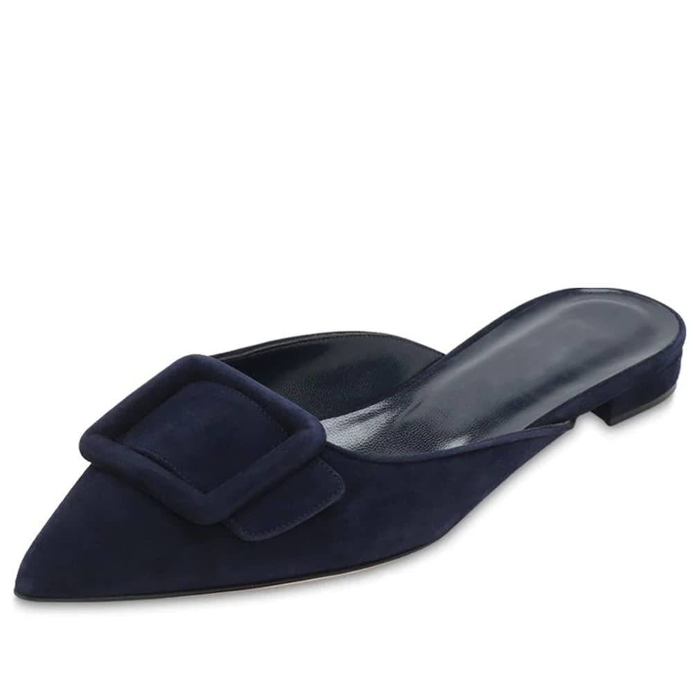 Divanne Mules for Women, Buckle Flat Mules Pointed Toe Backless Mule Slides Suede Slip On Loafers-Navy Blue-Suede-8.5M US