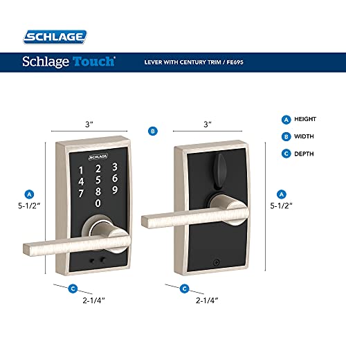 Schlage FE695 CEN 622 LAT Touch Century Lock with Latitude Lever, Electronic Keyless Entry Lock, Matte Black