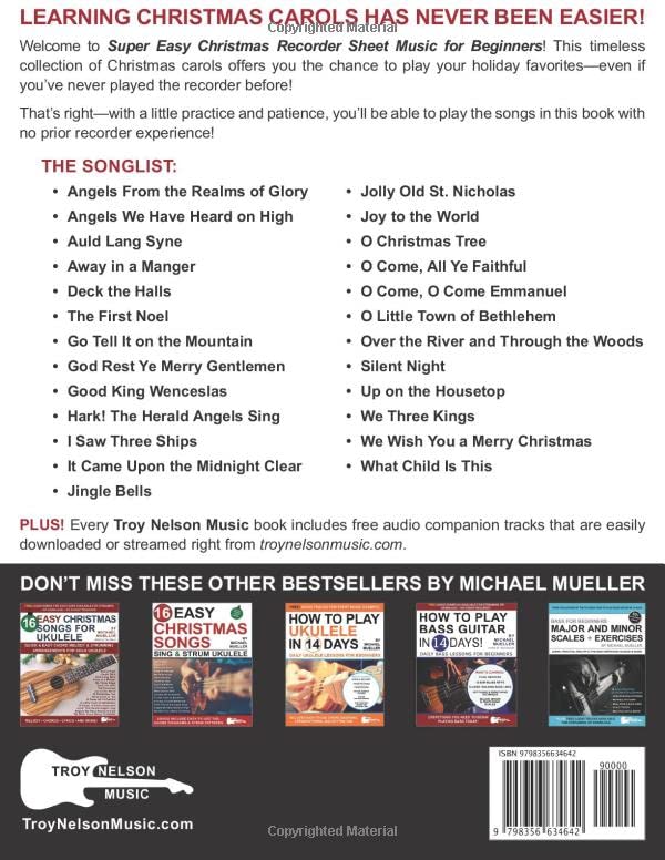 Super Easy Christmas Recorder Sheet Music for Beginners: 25 Christmas Carols with Recorder Finger Charts—Jingle Bells, Away in a Manger, and More! (Large Print Letter Notes Sheet Music)