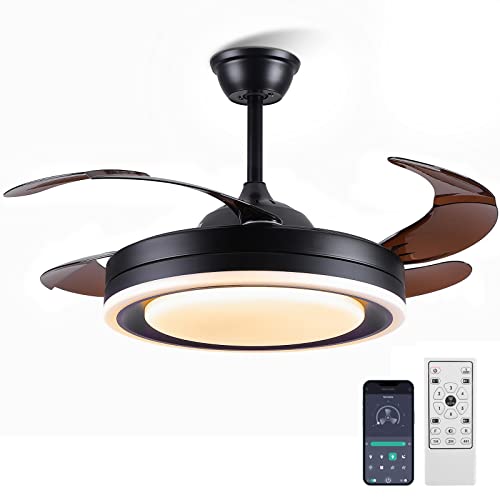 Asyko Retractable Ceiling Fans with Lights and Remote Control - Modern Bladeless Ceiling Fans Enclosed Ceiling Fan with LED Lighting for Bedroom/Living Room/Study (Black 42")