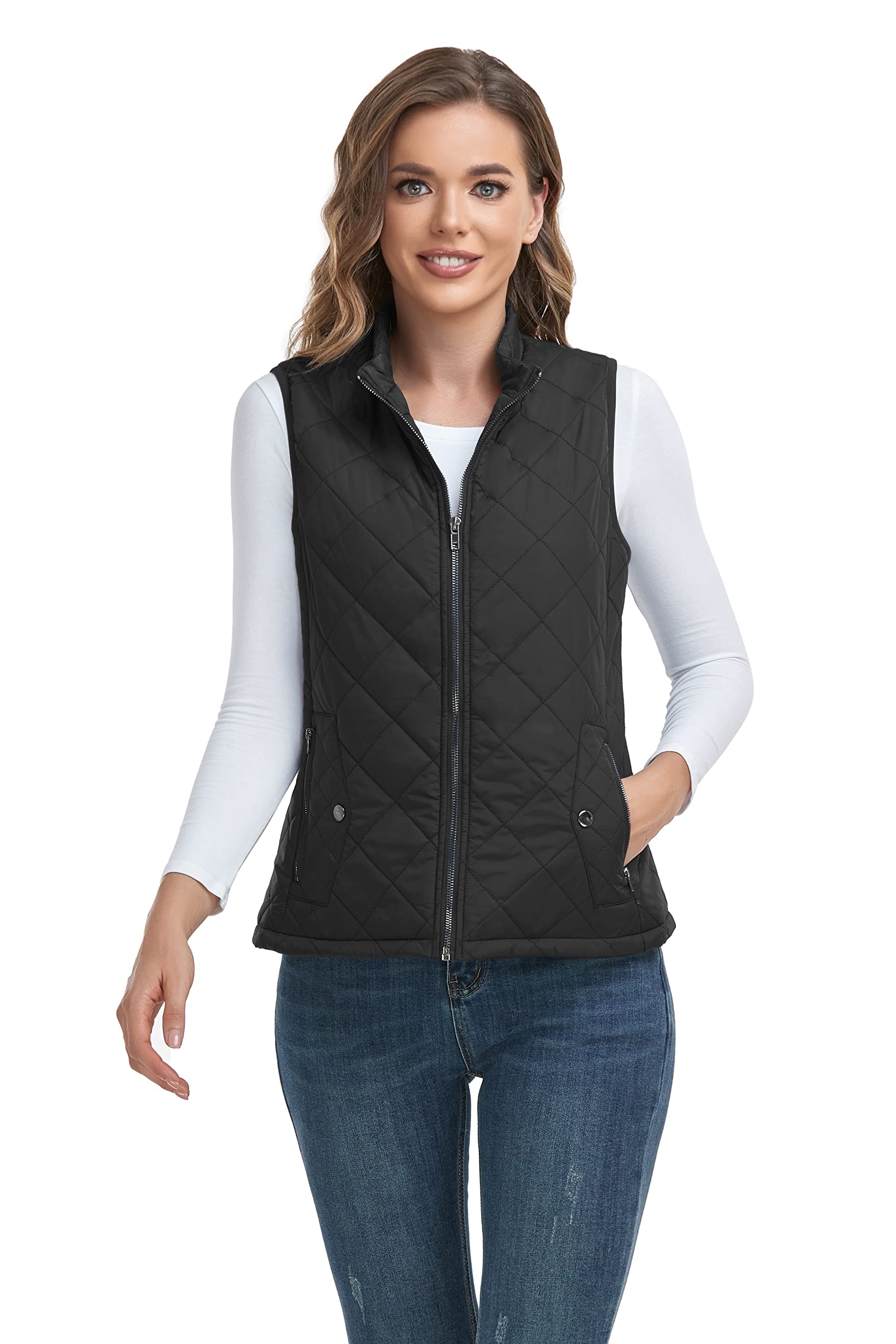 LONGKING 2025 Upgraded, Women's Outwear Vest With One Inner Pocket - Stand Collar Lightweight Zip Quilted Vest for Women