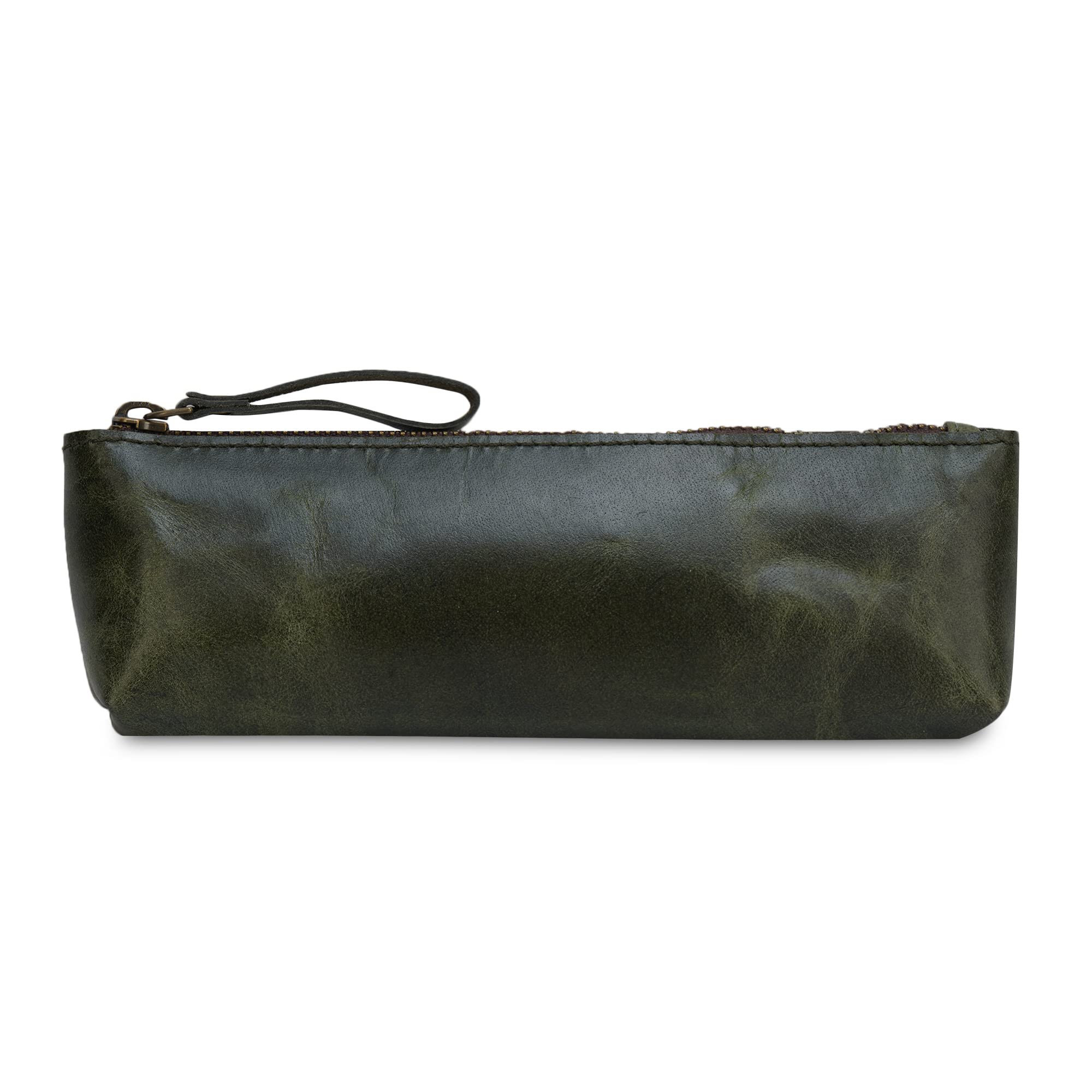 Leather Pencil Pouch, Make-up Brush Pouch, Leather Pencil Case, Zippered Pouch for Make-up essentials, Pen Case, Pen & Marker Case, Pencil Case For Students & School (Forest Green)