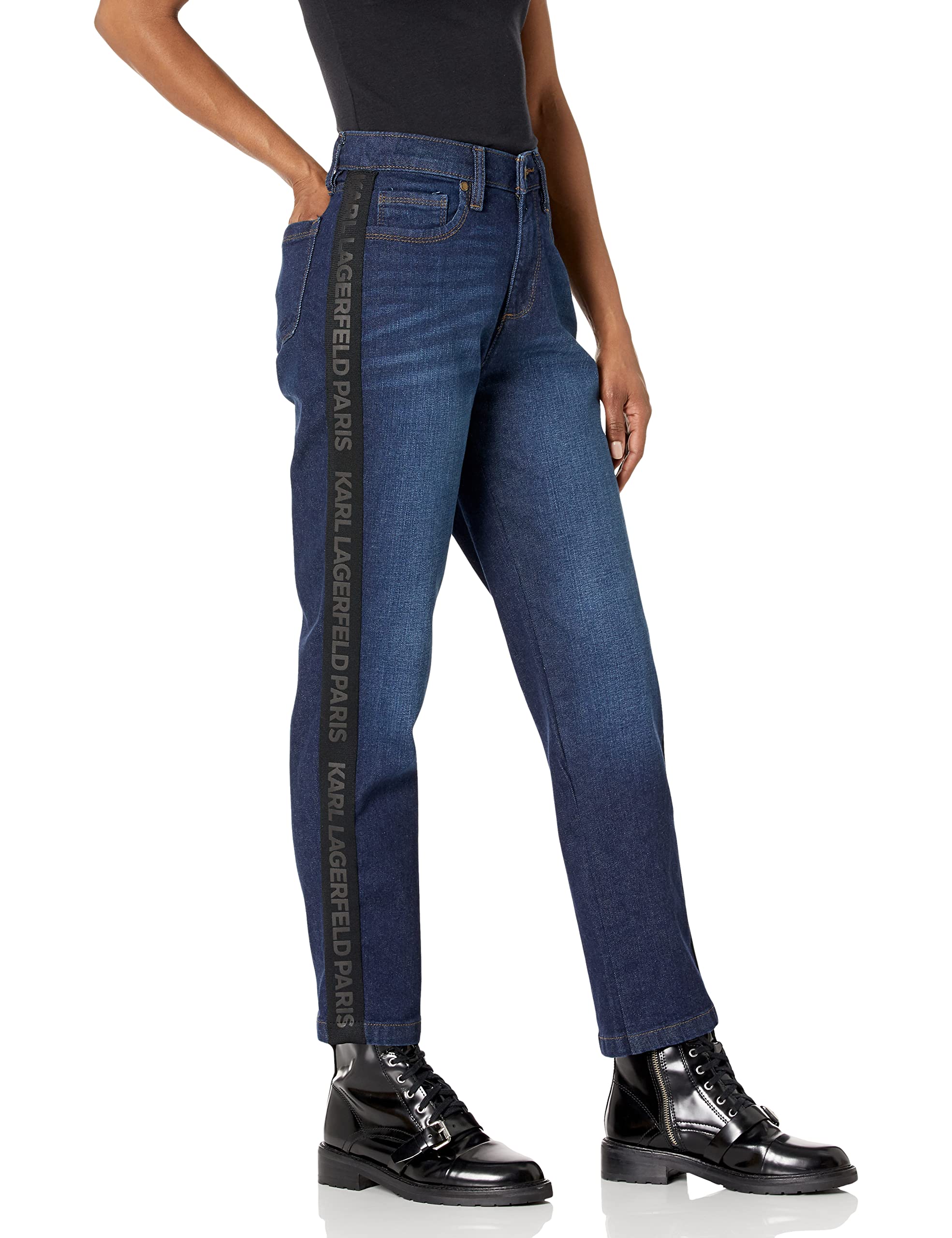 Karl Lagerfeld Paris Women's Straight Leg Logo Taping Mid Rise Jean, Indigo Wash, 16