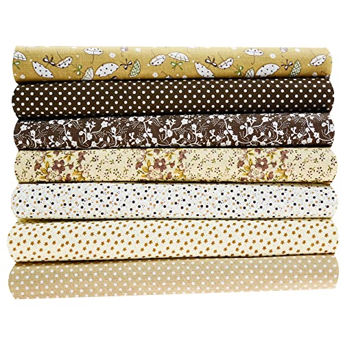 Pofik 7 pcs/lot Quilting Fabric Bundles,100% Cotton Fat Quarters Printed Craft Fabric, 20 x 20 inches (50cm x 50cm) Precut Squares Sheets for Patchwork DIY Craft Sewing (Brown)