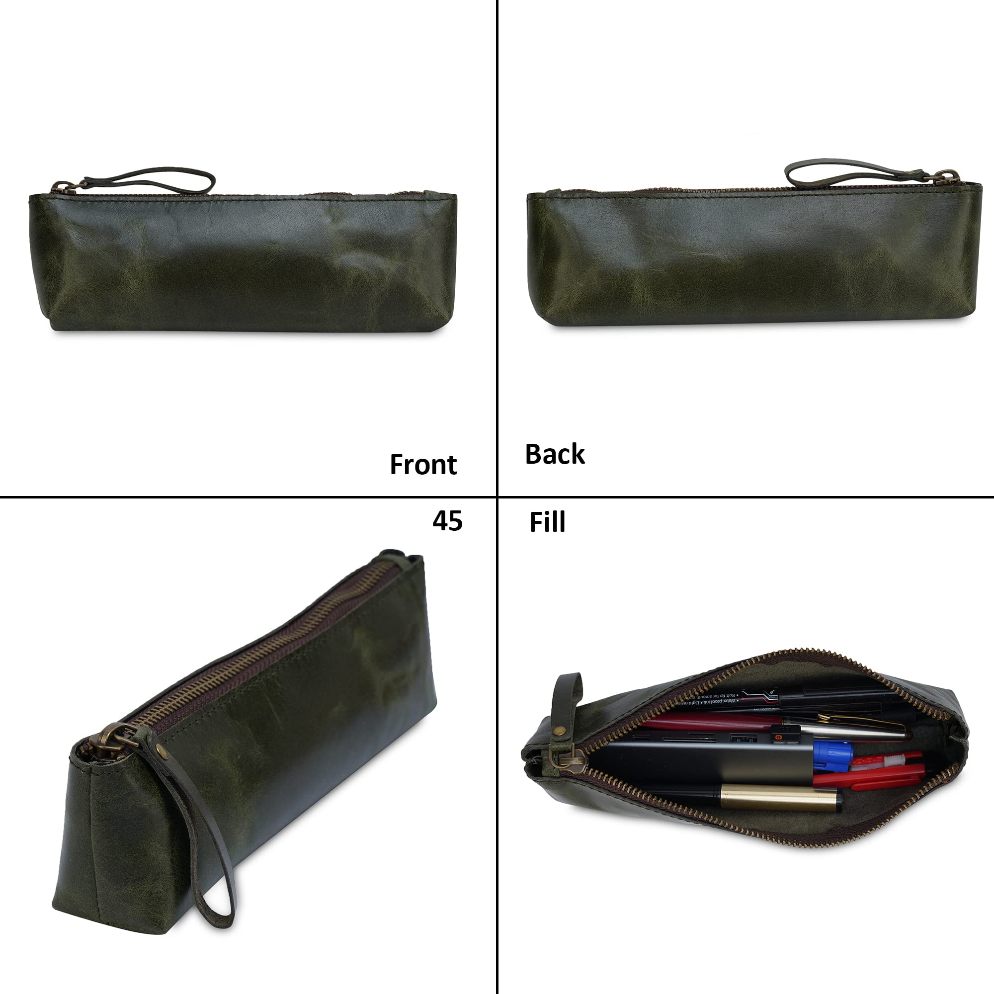 Leather Pencil Pouch, Make-up Brush Pouch, Leather Pencil Case, Zippered Pouch for Make-up essentials, Pen Case, Pen & Marker Case, Pencil Case For Students & School (Forest Green)