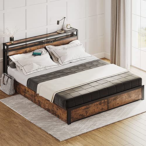 LIKIMIO Queen Bed Frame with Storage Drawer, 2-Tier Storage Headboard with Charging Station, No Box Spring Needed, Easy Assembly, Vintage Brown