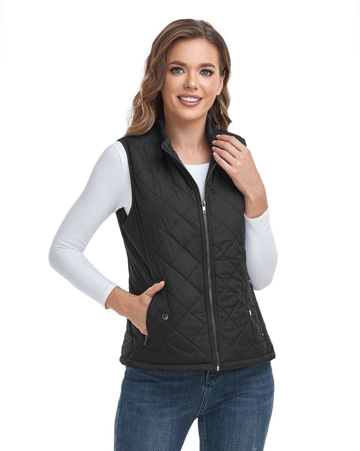 LONGKING 2025 Upgraded, Women's Outwear Vest With One Inner Pocket - Stand Collar Lightweight Zip Quilted Vest for Women
