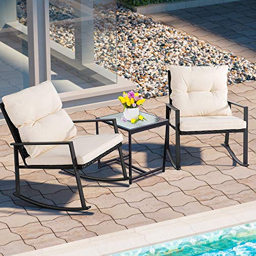 Walsunny 3 Pieces Patio Set Outdoor Wicker Patio Furniture Sets Modern Rocking Bistro Set Rattan Chair Conversation Sets with Coffee Table(Beige)