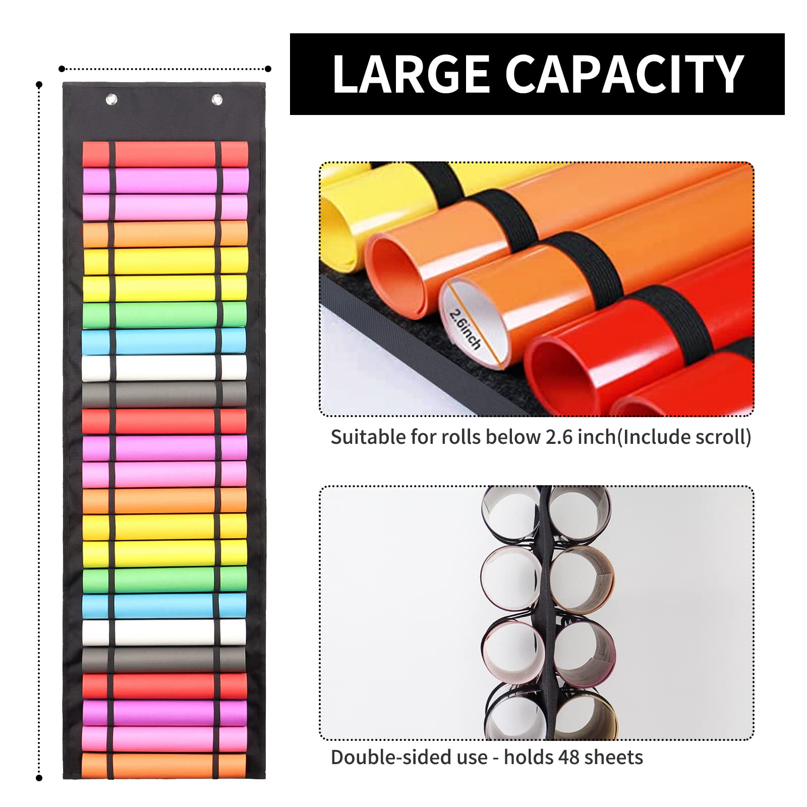 Vinyl Storage Organizer - Vinyl Roll Holder 48 Elastic Compartments Vinyl Roll Storage Rack Bag Wall Mount/Hanging Over The Door for Craft Room with 2 Hooks and 1 Lanyard