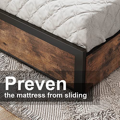 LIKIMIO Queen Bed Frame with Storage Drawer, 2-Tier Storage Headboard with Charging Station, No Box Spring Needed, Easy Assembly, Vintage Brown