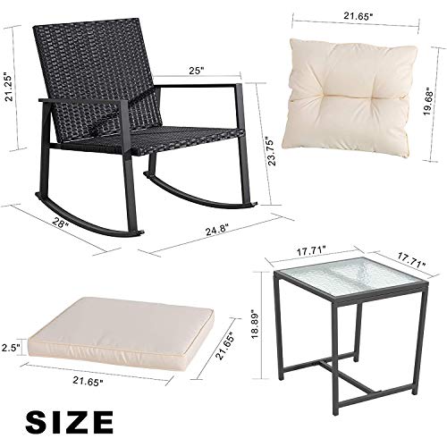 Walsunny 3 Pieces Patio Set Outdoor Wicker Patio Furniture Sets Modern Rocking Bistro Set Rattan Chair Conversation Sets with Coffee Table(Beige)