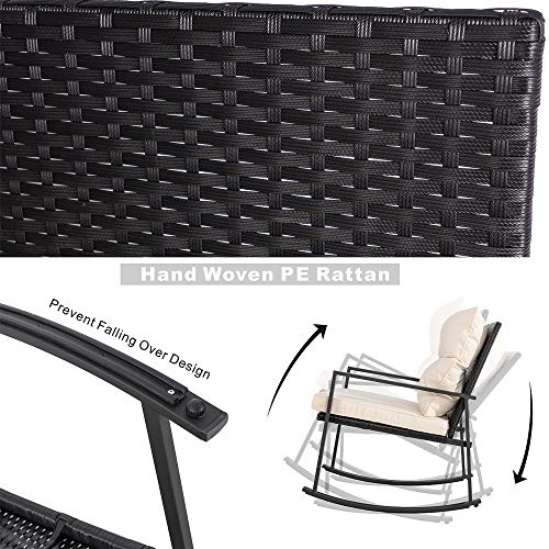 Walsunny 3 Pieces Patio Set Outdoor Wicker Patio Furniture Sets Modern Rocking Bistro Set Rattan Chair Conversation Sets with Coffee Table(Beige)