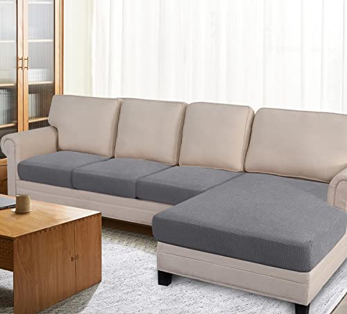 Granbest 4 Piece Waterproof Sectional Cushion Cover for L Shape Sofa, Stretch Separate Cushion Chaise Lounge Cover Elastic Furniture Protector for Kids, Pets, Dogs(3 Seater+Chaise,LightGray)